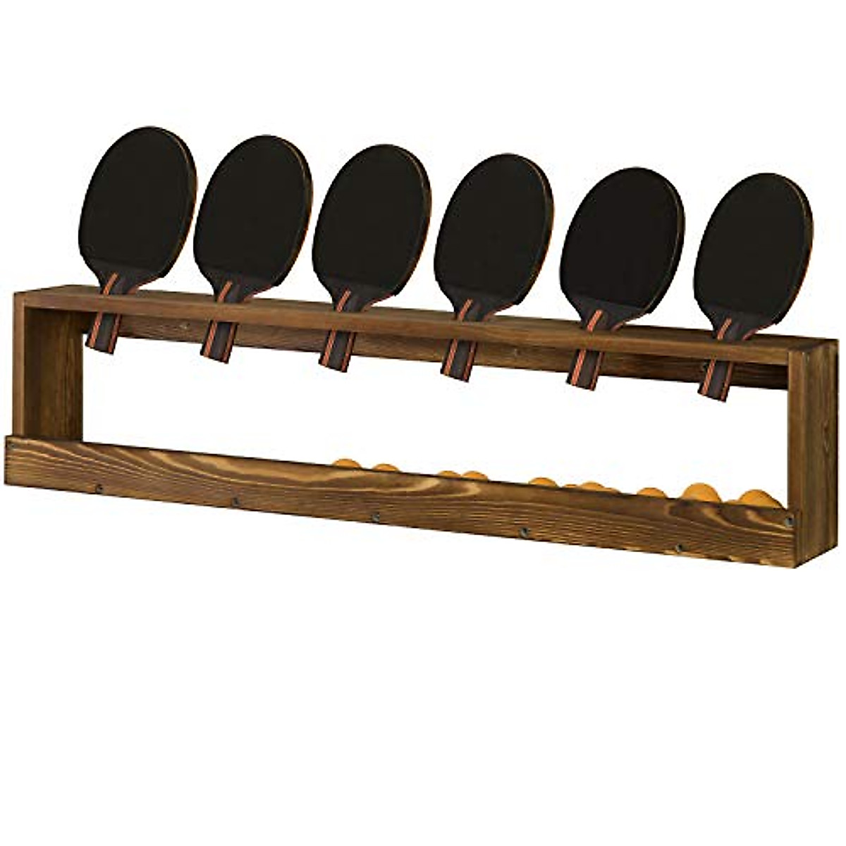 MyGift Wall Mounted Solid Burnt Wood Ping Pong Paddle Table Tennis Racket Display Rack Holder with Ball Holder Storage Shelf