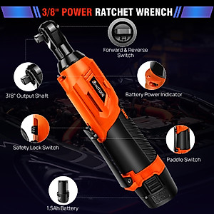 HSHa Cordless Electric Ratchet Wrench Set, 3/8" 12V Power Ratchet Driver w/Safe Lock Switch & LED Light, 7 Sockets, 2-Pack Lithium-Ion Batteries and 60-Min Fast Charge