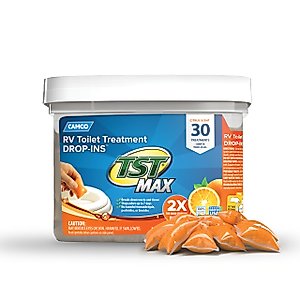 Camco TST MAX Camper/RV Toilet Treatment Drop-INs - Control Unwanted Odors & Break Down Waste and Tissue - Safe Septic Tank Treatment - Orange Scent, 30-Pack (41183)