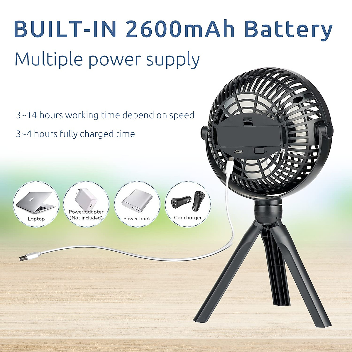 Rechargeable Small Desk Fan, Battery Powered Table Fan with Flexible Tripod, Handheld Personal mini Fan, 3 Speeds 360° Rotation 5 Inch Portable USB Fan Quiet For Bedroom Office Desktop Travel(Black)