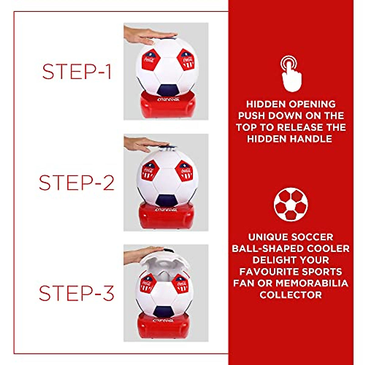 Coca-Cola Soccer Ball Mini Fridge, 5 Can Beverage Cooler with Hidden Opening, White Red Black, Unique Accessory for Den, Games Room, Man-Cave, Dorm, Sports Fans, Students