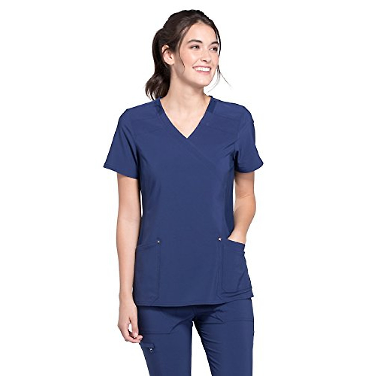 Cherokee Women Mock Wrap Contemporary Fit Scrubs Top with Stretchy Knit Panel CK680, XL, Navy