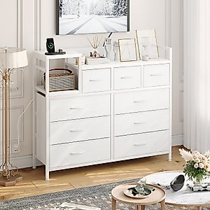 Jojoka TV Stand with Charging Station, Bedroom Dresser for Living Room TV Stand with 9 Drawers, White