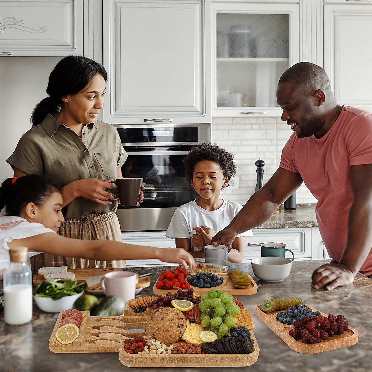 Bamboo Charcuterie Boards Cheese Board Knife Set, 13"x 13" Charcuterie Board and 13" x 6.3" Serving Trays x2 for Charcuterie Cheese Fruit,House Warming New Home Christmas Gift for Couple Women Mom