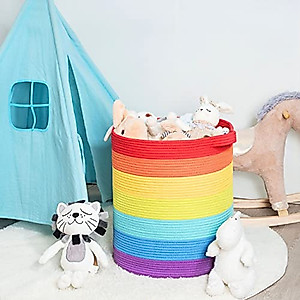 MINTWOOD Design Extra Large 20 x 18 Inches Decorative Woven Cotton Rope Basket, Tall Laundry Basket Hamper, Blanket Basket for Living Room, Round Storage Baskets for Pillows, Towels, Rainbow