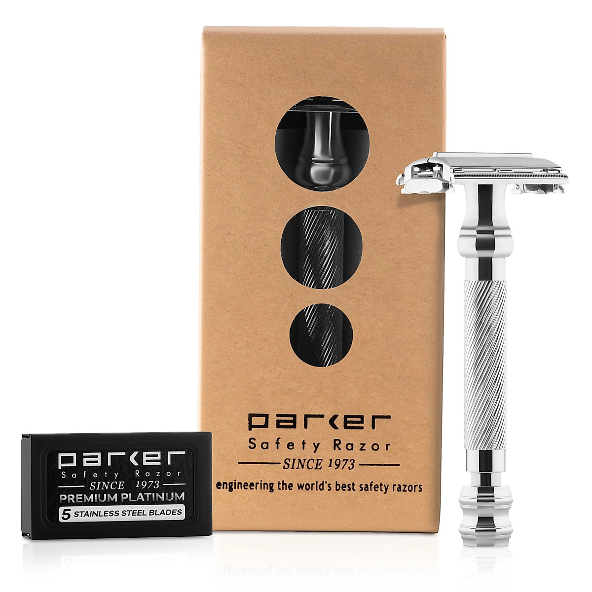 Parker 99R Chrome Long Handle Heavyweight Butterfly Open Double Edge Safety Razor for Men, 5 Parker Premium Platinum Double Edge Razor Blades Included