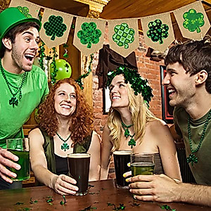 Whaline St. Patrick's Day Burlap Banner with String Green Shamrock Burlap Banner Pre-Assembled Bunting Garland St. Patrick's Day Celebration Hanging Decorations for Home Party Supplies