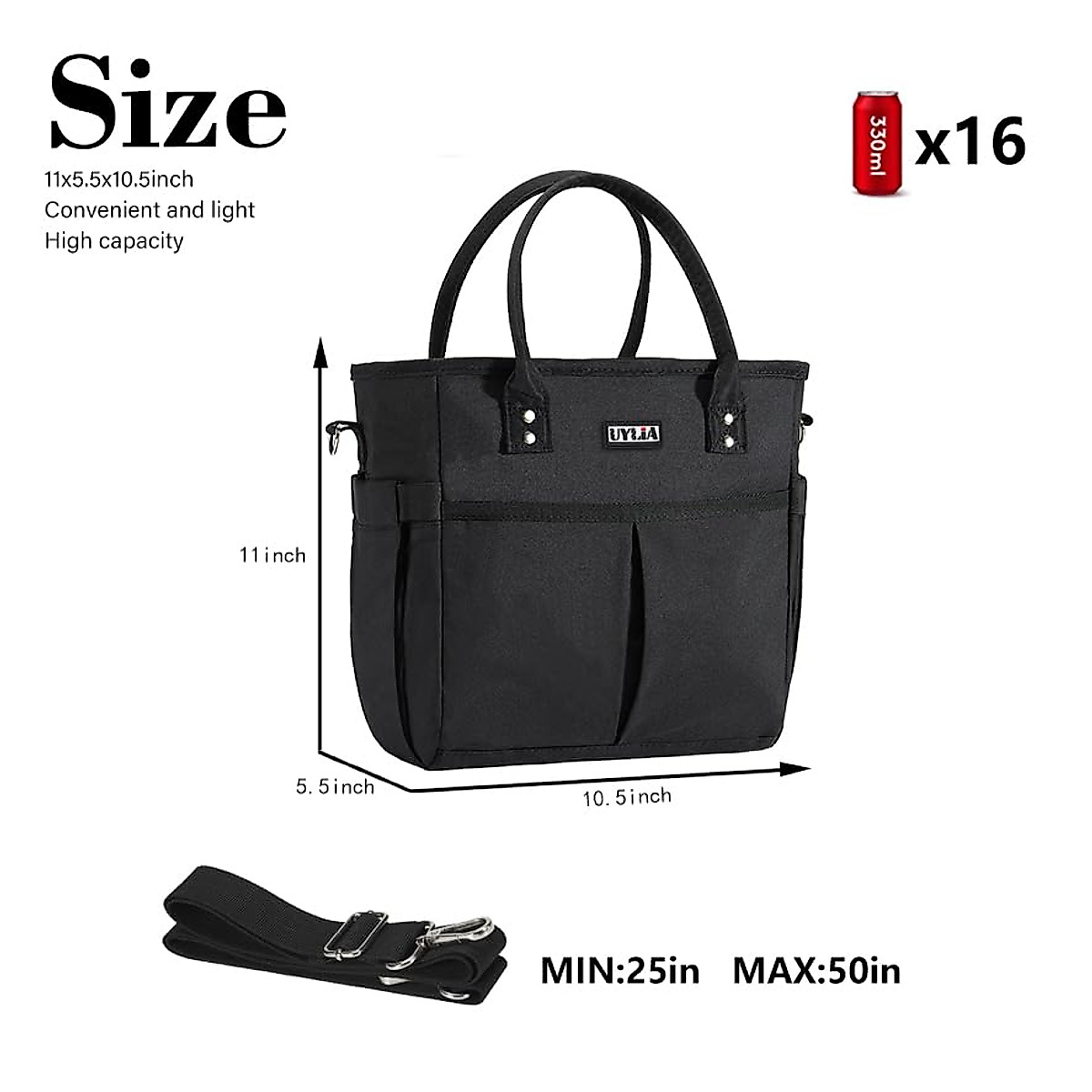 UYLIA Lunch Bags for Women,Insulated Lunch Tote Bag with Adjustable Shoulder Strap, Lunch Box with Drinks Holder for Adults Men Work Picnic Beach Workout (Black, Large)