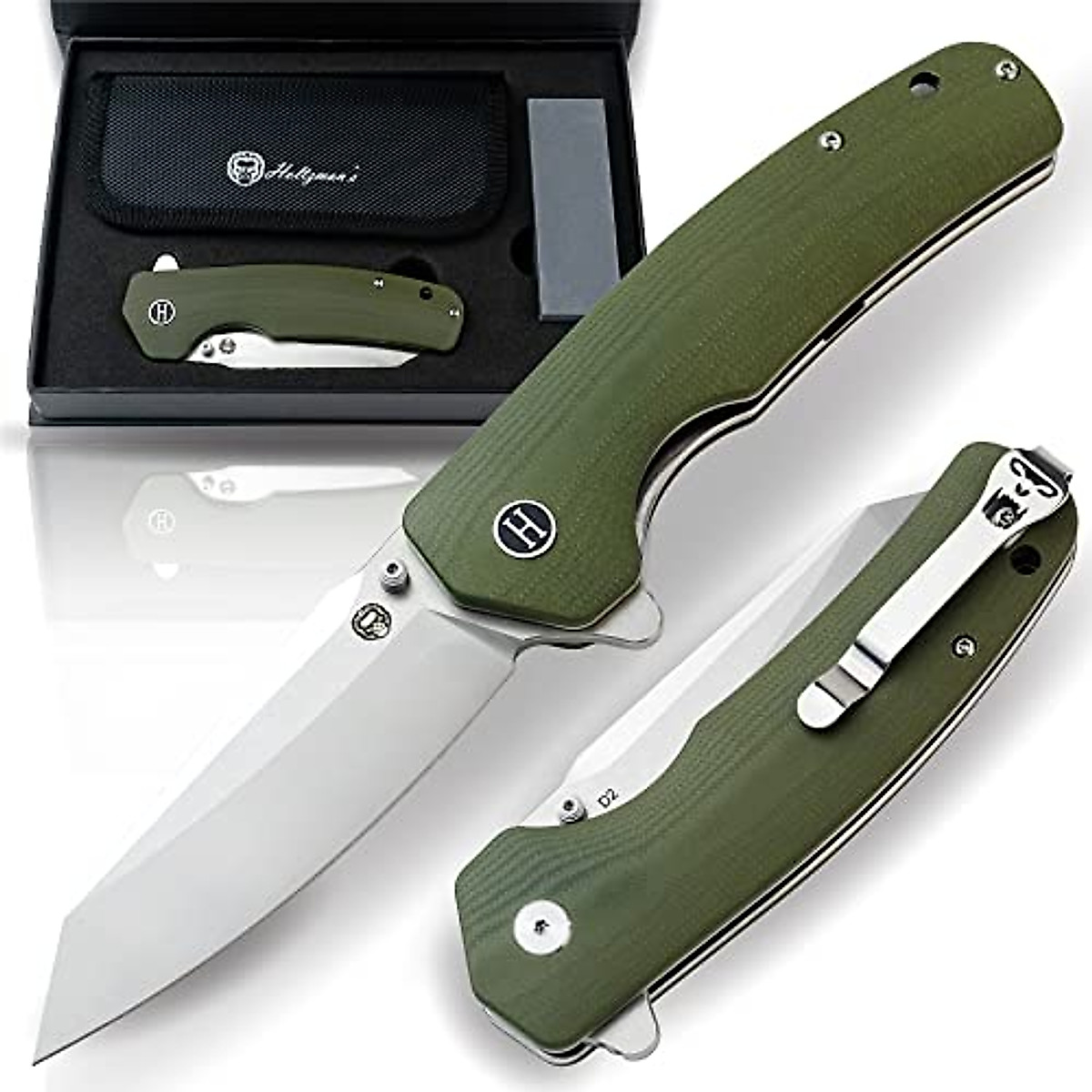 Holtzman's Gorilla Survival Folding Knife D2 Steel Blade G10 Tactical Handle Pocket Folding Knife EDC Giftset for Men (Silver and Green)