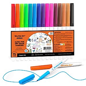 Shuttle Art Ultra Fine Dry Erase Markers, 15 Colors Whiteboard Markers with Erase, Dry Erase Markers Perfect For Writing on Whiteboards, Dry-Erase Boards,Mirrors for School Office Home
