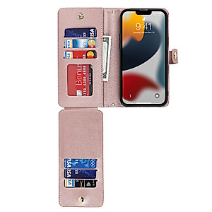 iCoverCase for iPhone 13 Pro Max Wallet Case with Card Holder, Adjustable Crossbody Lanyard PU Leather Kickstand Card Slots Zipper [Not Detachable] Flip Cover Case 6.7 Inch (Rose Gold)