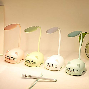 Cute Kawaii Desk Lamp with USB Charging Port for Teen Girls Bedroom Room Cartoon Cat Foldable Table Lamp Rechargeable LED Light for Studying Reading Protect Eyesight School Supplies (Green Cat)