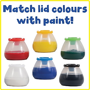 READY 2 LEARN No Spill No Tip Paint Pots - Set of 6 - Spill-Proof and Tip-Proof Paint Containers for Kids - Clear, Cone-Shaped Pots, Colored Lids and Paint Brush Rests