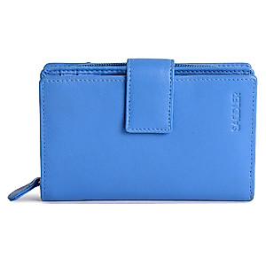 SADDLER Womens Luxurious RFID Protected Leather Large Bifold Purse Wallet with Centre Zipper Coin Purse | Ladies Designer Clutch Perfect for ID Coins Notes Debit Travel Cards | Gift Boxed - Blue