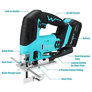 DURATECH Cordless Jig Saw, 20V Electric Jigsaw with 4.0A Battery and Charger, 2800 SPM Adjustable Speed, ±45° Bevel, Dust Blower and 7Pc Blades, Jigsaw Tool Kit for Wood, Metal and Plastic Cutting