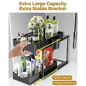 Under Sink Organizers and Storage Bathroom Organizer, 2 Tier Under Sliding Kicthen Cabinet Basket Organizer with Hooks, Hanging Cup, Dividers, Handles, Multi-purpose Under Sink Shelf Organizer, Black