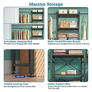 Timate P6 Clothes Rack Bedroom Armoires Heavy Duty Garment Rack Adjustable Walk in Closet Organizer System Kit Tower with Expandable Hanging Rod 5-Tier Closet Storage Shelves, Fits 6-9 ft Space, Black