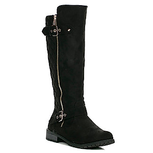 JJF Shoes Mango-21 Women's Winkle Back Shaft Side Zip Knee High Flat Riding Boots Black Nubuck 10
