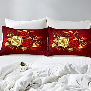 Feelyou Rose Comforter Cover Set for Woman Adults Rose Floral Print Duvet Cover Romantic Flowers Pattern Bedding Set Valentine's Day Quilt Cover,Room Decor 3Pcs Bedding Queen Size,Red