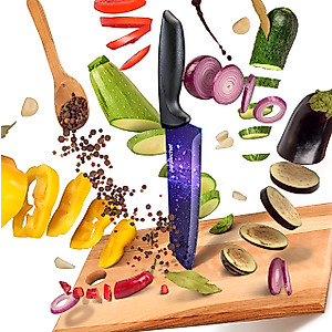 PurpleChef 10 Pieces Purple Galaxy Kitchen Knives Set. Includes 6 Stainless Steel Knives, Scissors, Knife Sharpener, Peeler, and Clear Acrylic Stand.