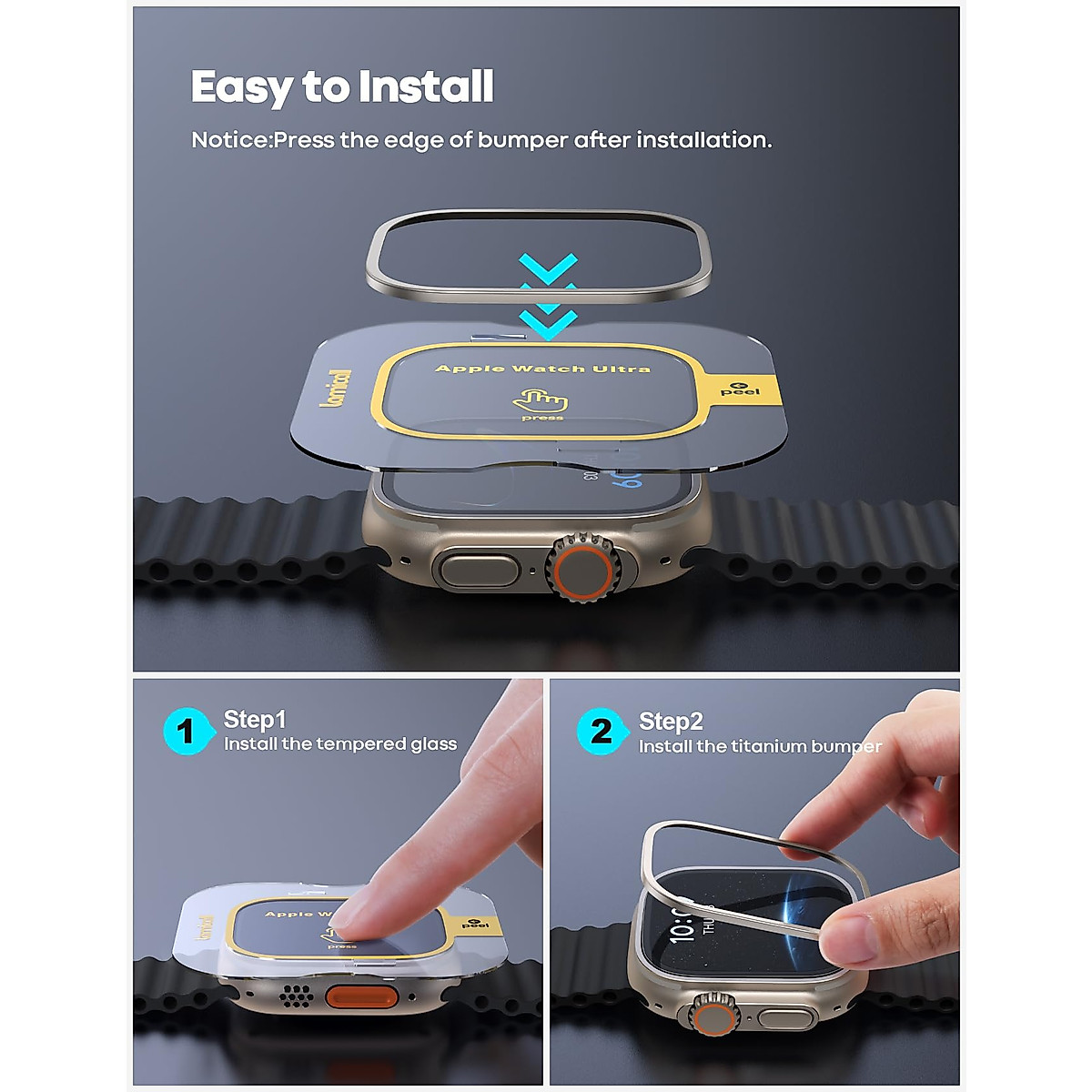 Lamicall [Titanium Alloy Frame Screen Protector for Apple Watch Ultra 49mm, 2 Pack 9H Tempered Glass Film with Easy Alignment Tool Kit, Full Coverage Protective Waterproof Case for iwatch Ultra 2022