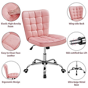 Yaheetech Armless Desk Chair Modern Tufted Office Chair Faux Leather Upholstered Computer Chair with Adjustable Seat Height and Rolling Wheels for Home/Office, Pink