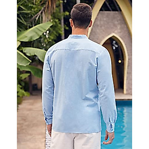 COOFANDY Men Beach Shirts Long Sleeve Linen Button Down Mandarin Collar Vacation Shirts Sky Blue