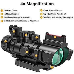 CVLIFE 4x32 Tactical Rifle Scope Red & Green &Blue Illuminated Reticle Scope with Fiber Optic Sight