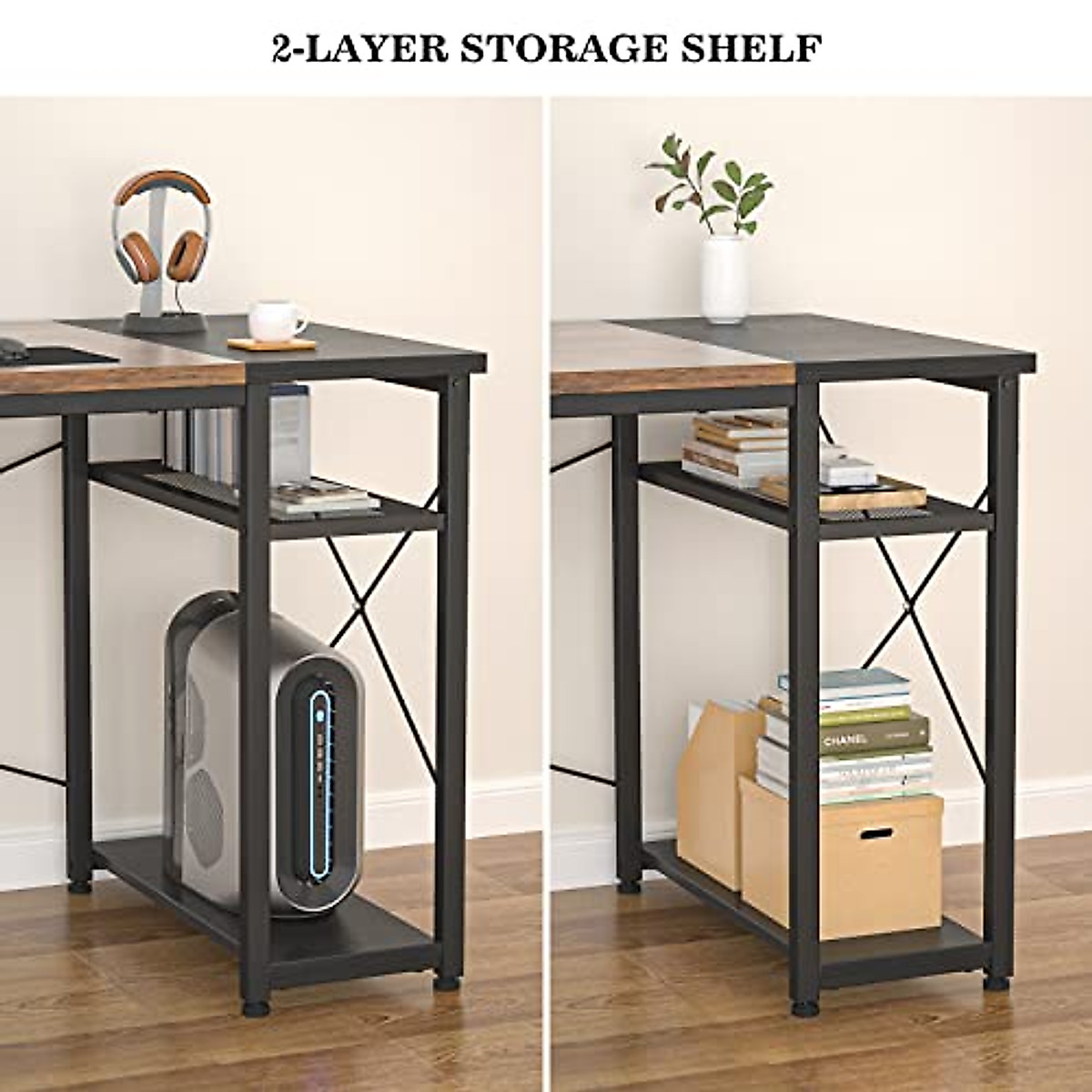 Foxemart L-Shaped Computer Desk, Industrial Corner Desk Writing Study Table with Storage Shelves, Space-Saving, Large Gaming Desk 2 Person Table for Home Office Workstation, Rustic Brown/Black