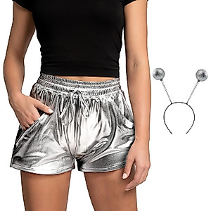 Spooktacular Creations Women's Metallic Shorts, Neon Shorts for Women, Silver High Waisted Sparkly Shiny Shorts Elastic Waist Rave Booty Dance Pants with Glasses Set for Halloween Dancing Parties
