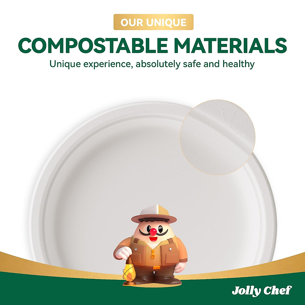 JOLLY CHEF Compostable Heavy Duty Plates 9 Inch [125 Pack] Eco-Friendly Disposable Natural Paper Plates Bagasse Biodegradable Bulk for Party Dinner Sugarcane Fibers Round 125 Count(White)