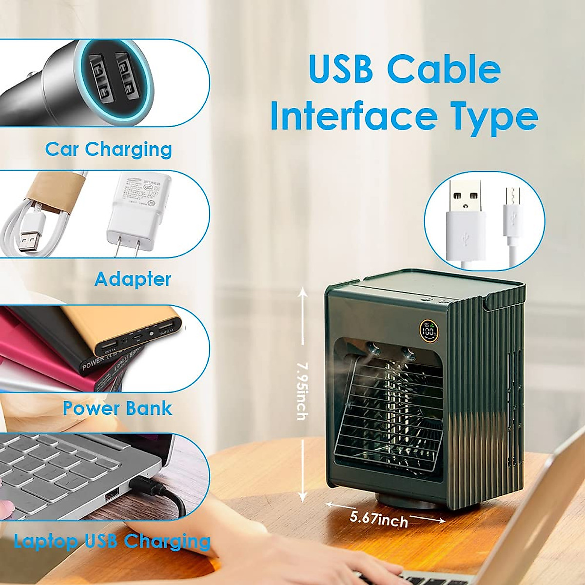 Personal Desk Fan With Cool Misting & Night Light, Built-in 300ML Water Tank Portable Air Conditioners with Handle, 120°Auto Oscillation, 4000mAh Rechargeable Battery Mini Evaporative Cooler for Small Room Camping(Green)