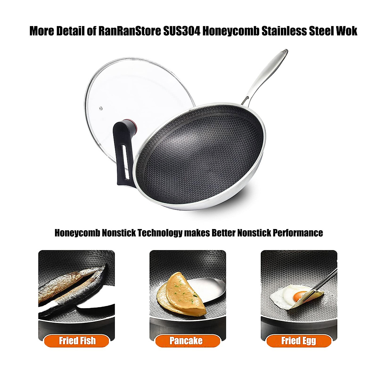 Cyrder Stainless Steel Wok with Lid, Nonstick Skillet/Saucepan, 18/8 Food Grade steel, Hybrid Hex Tech, Induction Cooker Compatible, Easy Clean/Wear-resistance/Dishwasher safe, 12.5inch