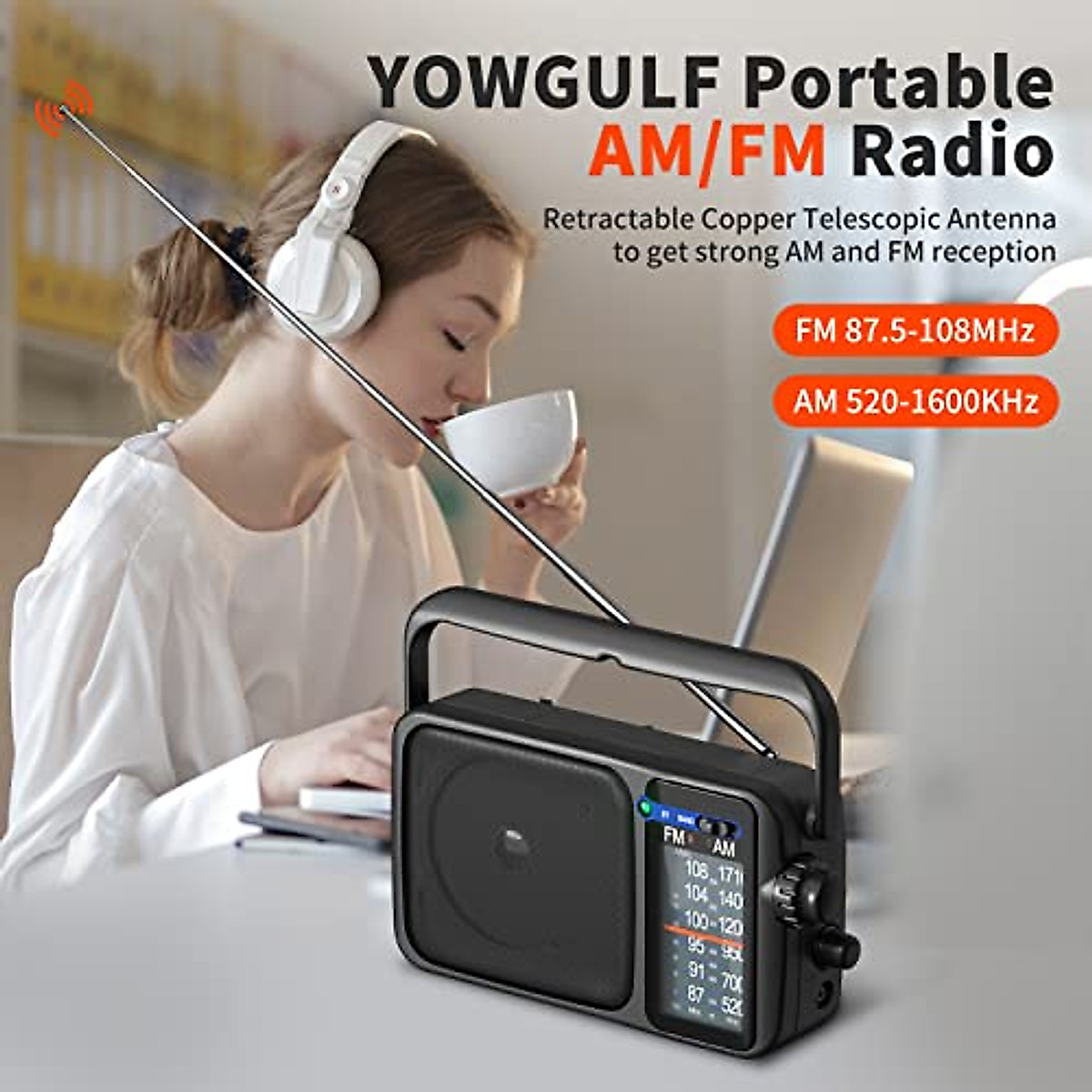 YOWGULF AM FM Radio with Best Reception,Bluetooth Portable AM FM Transistor Radio,Battery Operated Radio or AC Power,Large Dial,Headphone Jack, Gifts for Seniors Elderly