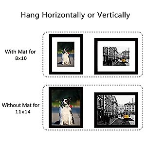 PEALSN 11x14 Picture Frame Set of 2, Made of High Definition Real Glass, Display 8x10 with Mat or 11 x 14 Without Mat, Photo Frames for Wall Mounting or Table Top Display, Black
