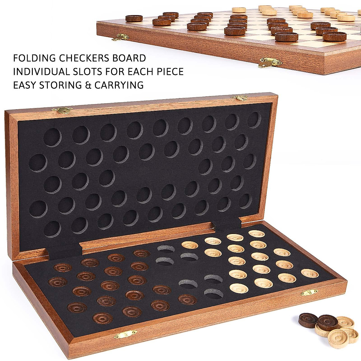 VAMSLOVE 15inch Checkers Folding Wooden Game Set, 100 Square Checkerboard International Checkers Draughts Board 10x10 for Kids with Pieces Storage Slots (Instructions Included)
