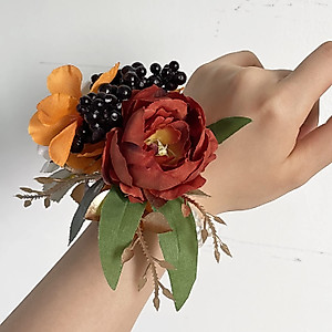 Rinlong Set of 6 Burnt Orange Wrist Corsage Wristlet Band Bracelet Wrist Flowers Wedding Bride Bridesmaid Flower Accessories Decoration
