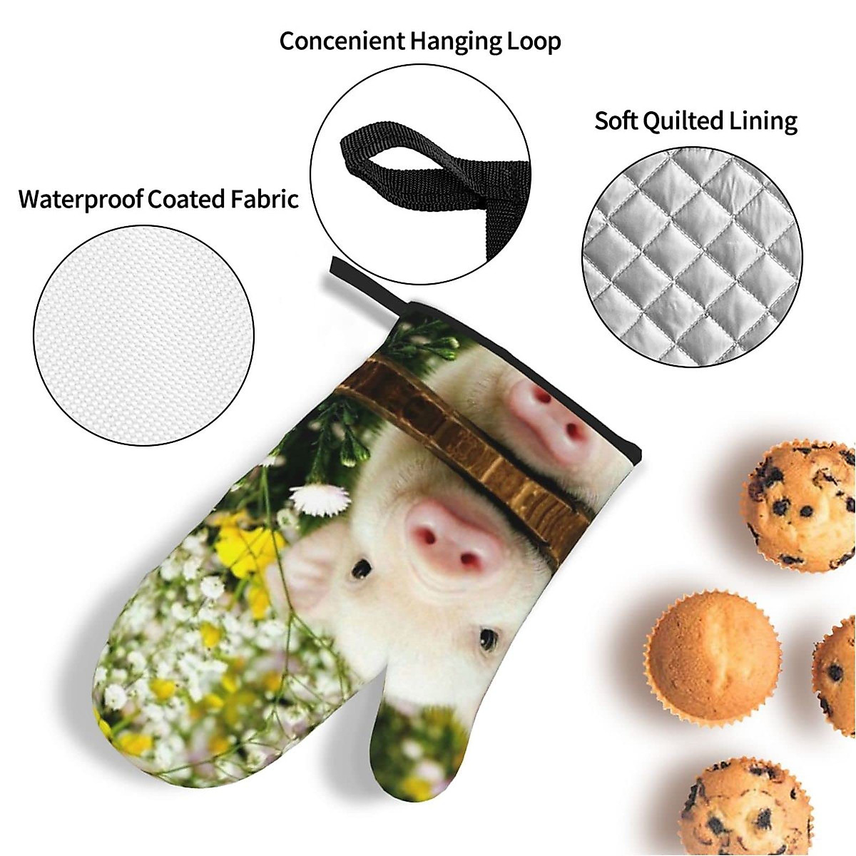 Rape Flower Pig Extra Long Oven Gloves and Hot Pads Set 4pcs for Cooking and Baking with Pockets