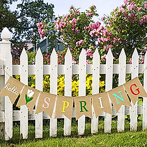 Doumeny Hello Spring Burlap Banner Colorful Spring Bunting Banner Jute Tulip Flower Bunting Garland Spring Theme Party Banner with Flower for Mantle Fireplace Wall Door Party Spring Break Celebration