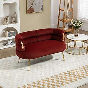 Loveseat Sofa Small Velvet Couch with Gold Metal Feet Modern Mini Settee Loveseat with Curved Back Comfy Accent Upholstered Cloud Sofa for Bedroom Small Spaces, 50'' Wine Red