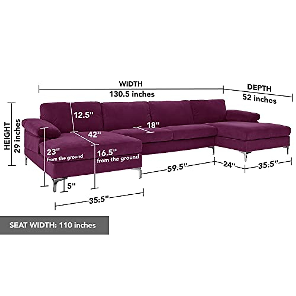 Casa Andrea Milano Modern Large Velvet Fabric U-Shape Sectional Sofa, Double Extra Wide Chaise Lounge Couch