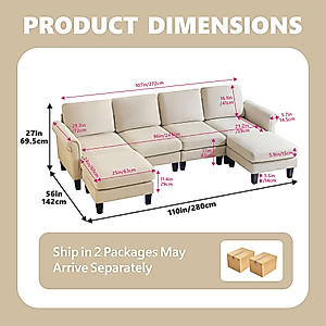 Redlife 110" Modular Sectional Sofa, Sectional Couches for Living Room, U Shaped Sectional Couch Convertible Sectional Sofa with Double Chaise, Comfy U Shaped Sectional Sofa for Living Room (Beige)