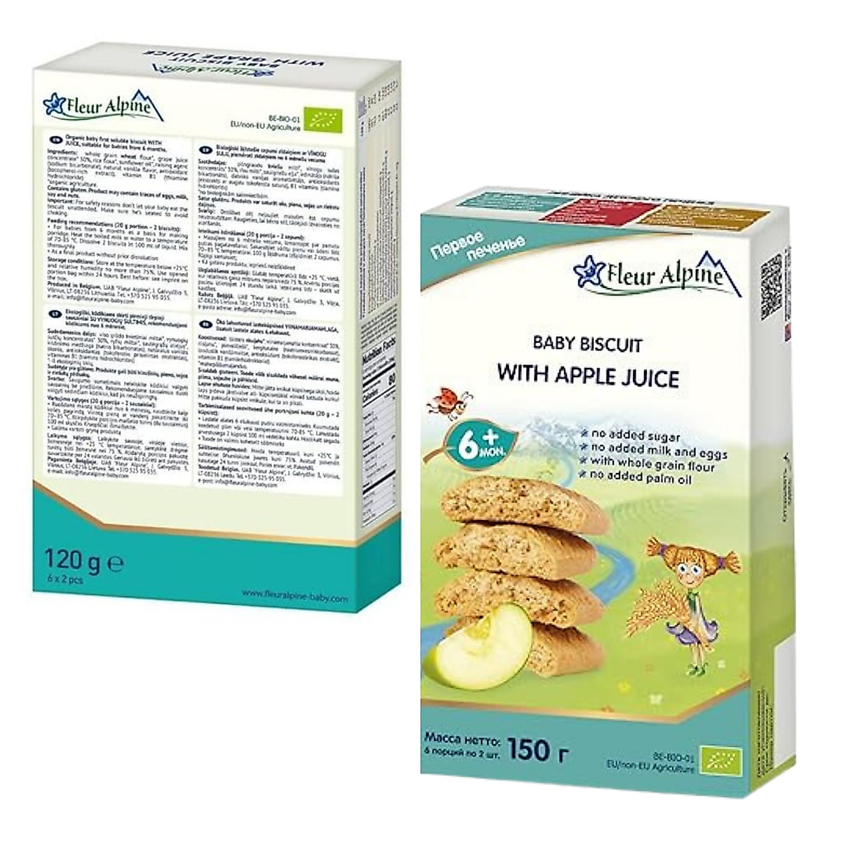 Organic Baby Snacks Bundle. Includes Two-5.3 Oz Boxes of Fleur Alpine Whole Grain Biscuits with Apple Juice Baby Teething Snacks & Modovik Shopping List. Healthy & Non- GMO Organic Teething Biscuits for Babies 6+ Months.