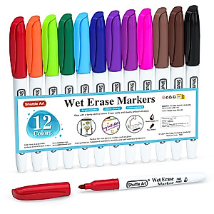 Shuttle Art Wet Erase Markers, 12 Colors 1mm Fine Tip Overhead Projectors Transparency Smudge-Free Markers, Works for Laminated Calendars Whiteboard Schedule Glass, Wipe with Water