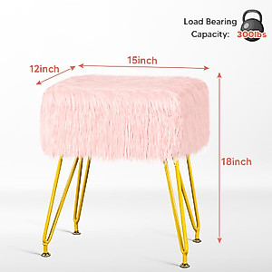 MOOWIND Vanity Stool Chair with Storage, Soft Ottoman Seat Vanity Stool with Anti-Slip Feet, Fluffy Padded Seat Multifunctional Footrest Side Table with 4 Metal Legs for Makeup, Bedroom, Pink