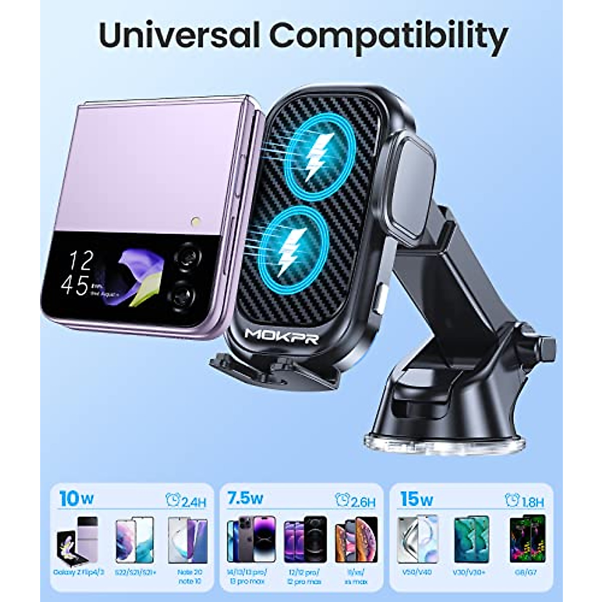 MOKPR Dual Coils Wireless Car Charger, [2023 Upgraded ] 15W Car Phone Fast Charging Mount, Dash Windshield Air Vent Wireless Auto-Clamping Phone Holder for Samsung Z Flip 4 3, iPhone 14 13 12 11 etc