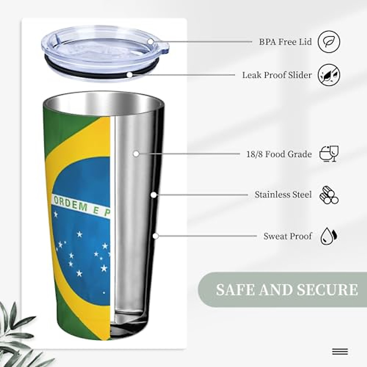 VKKOEWL Brazil Brazilian Flag Stainless Steel Insulated Tumbler 20 Oz Travel Water Bottle Coffee Mug Drink Cup With Lid Straw
