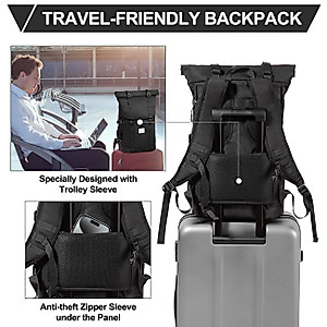 Kasqo Laptop Backpack for Men, 17 Inch Rolltop Large Capacity Water Resistant Travel Casual Daypack, Black