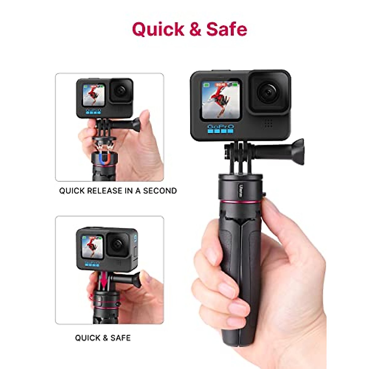 Mini Tripod Mounting Accessories for Gopro - ULANZI Go Quick II Small Tripod Quick Release Compact Vlog Handle Selfie Grip Compatible with Gopro Hero 5/6/7/8/9/10/11 Black/DJI Action/Insta 360/Askaso