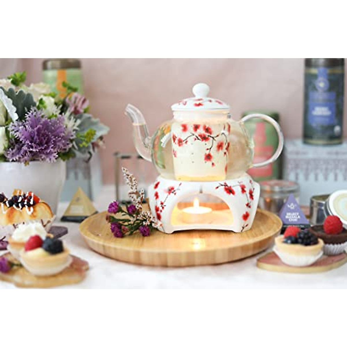 Teabloom Petite Cherry Blossom Teapot & Flowering Tea Gift Set - Glass Teapot (27 OZ / 2-3 Cups), Porcelain Lid, Loose Tea Infuser, Tea Warmer + Candle, 2 Flowering Teas